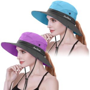 iyebrao 2 pack womens ponytail sun hat uv protection bucket hats foldable wide brim summer boonie beach cap fishing hiking(purple & sky blue)