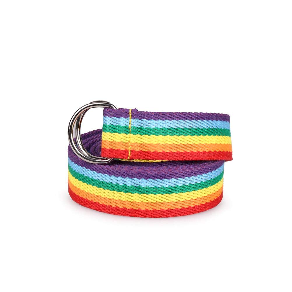 AIBEARTY Canvas Web Double D Ring Plaid Belt Silver Buckle Long Waistband for Women Men Teens (Rainbow)