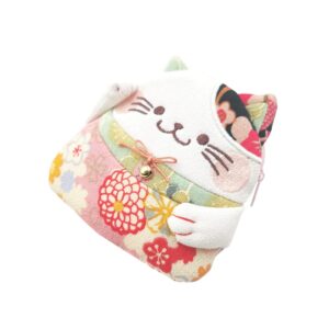 [BAR AUTOTECH] Zipper Maneki Neko lucky cat coin purse- Chirimen Kimono Print Style kawaii Cat Coin Wallet Holder for Coin Money Credit cards (Pink)