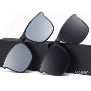 OopsMi Clip On Sunglasses Polarized Unisex Large Lightweight For Prescription Glasses (Black Lens)