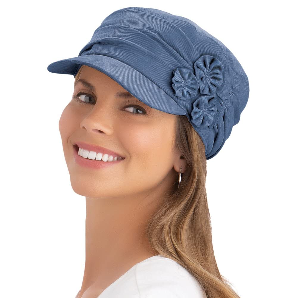 Collections Etc Stylish and Comfortable Side Embellished Hat, Shirring Details, Flowers, Elastic Blue