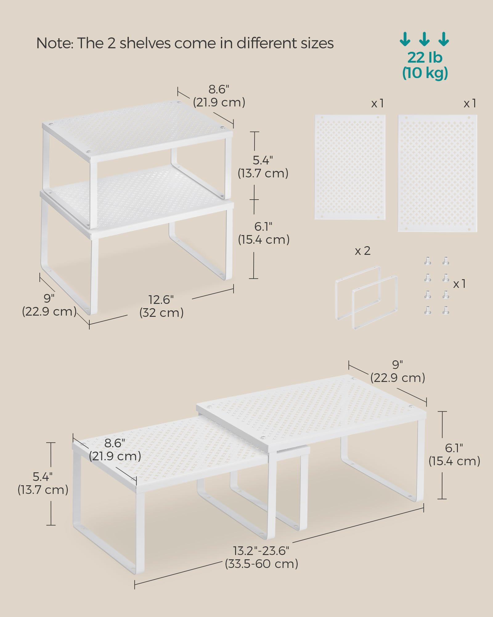 SONGMICS Spice Rack, Cabinet Shelf Organizers, Shelf Organizer, Countertop Organizer, Shelf Riser, Stackable, Expandable, Set of 4 Metal Kitchen Counter Shelves, White UKCS006W01