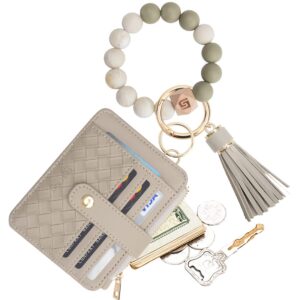 coolans wristlet bracelet keychain pocket credit card holder purse tassel keychain bangle key ring for women (silicone bead bracelet+card purse (grey))