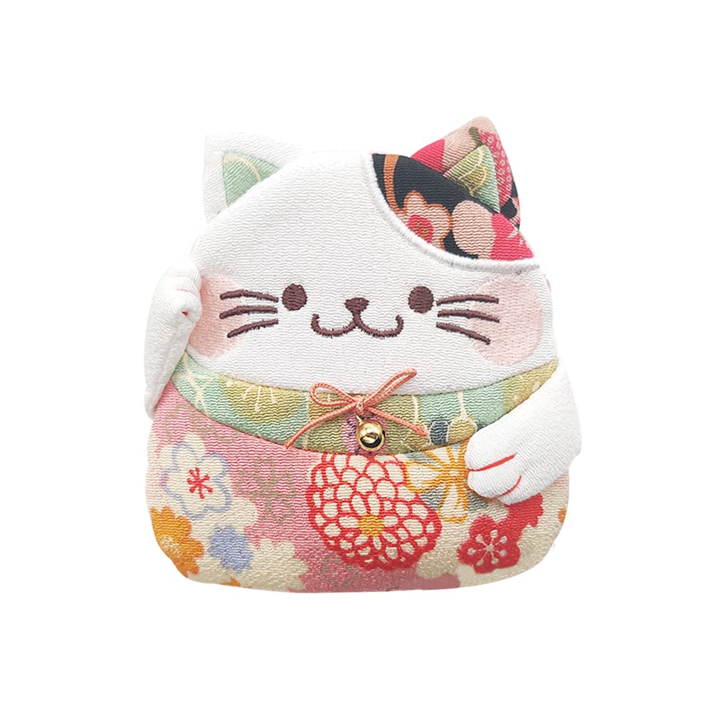 [BAR AUTOTECH] Zipper Maneki Neko lucky cat coin purse- Chirimen Kimono Print Style kawaii Cat Coin Wallet Holder for Coin Money Credit cards (Pink)