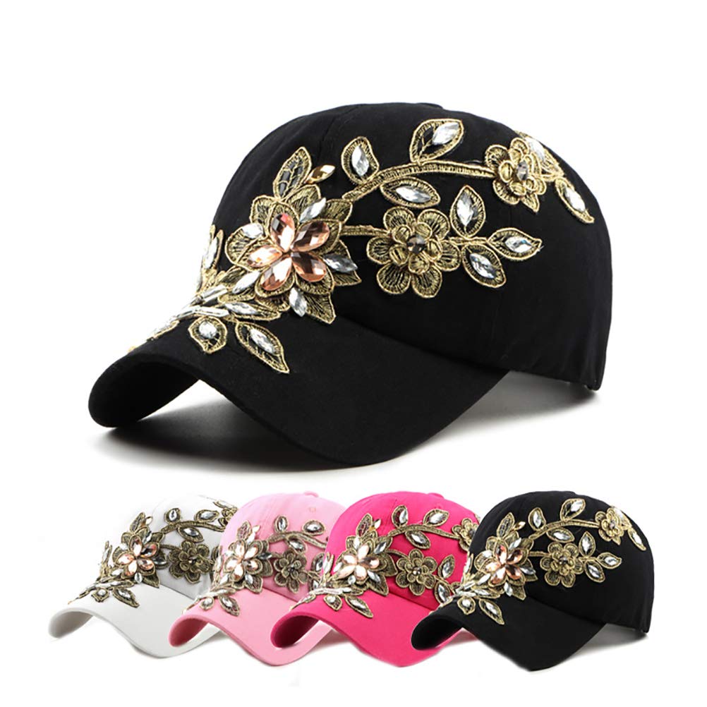 Gudessly Bling Women Baseball Cap Flower Snapback Rhinestone Sun Hats Adjustable Denim Jeans Hat