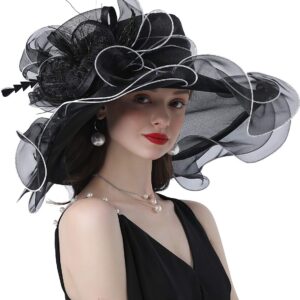 ORIDOOR Women Hats Headband Hairpin Organza Fascinator Church Hat Floral Tea Party Wedding Hat (013E Black) One Size …