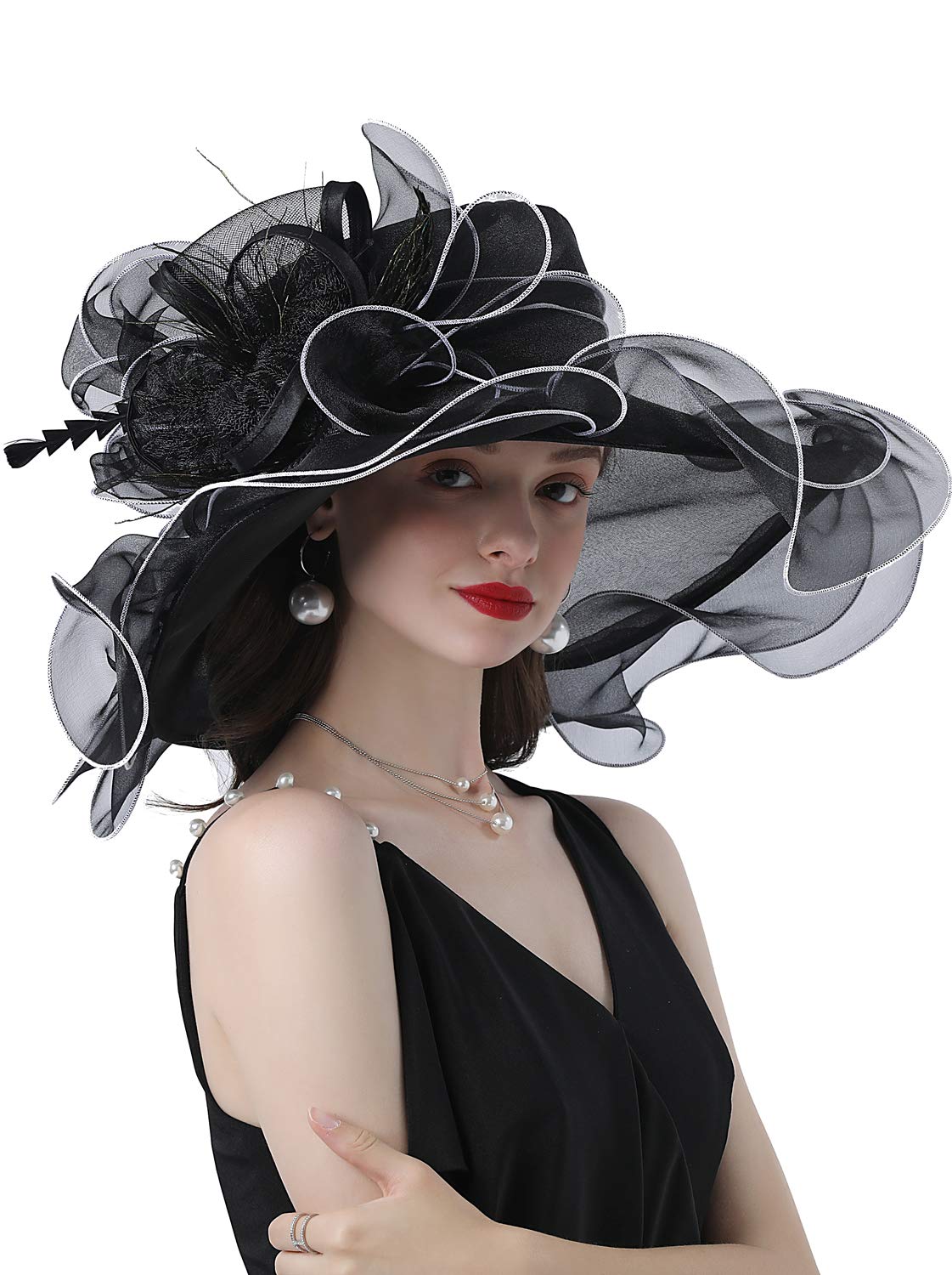 ORIDOOR Women Hats Headband Hairpin Organza Fascinator Church Hat Floral Tea Party Wedding Hat (013E Black) One Size …