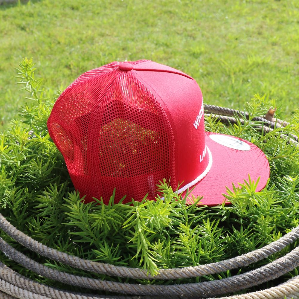 WHISKEY BENT HAT CO. Whiskey Ranch Land & Cattle, Mesh Snapback Trucker Hats w/Rope (US, Alpha, One Size, Red Embroidered)