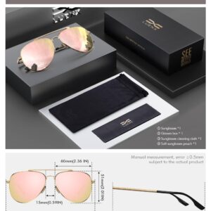 LUENX Aviator Sunglasses Polarized for Women Mirror Pink Lens Metal Gold Frame with case