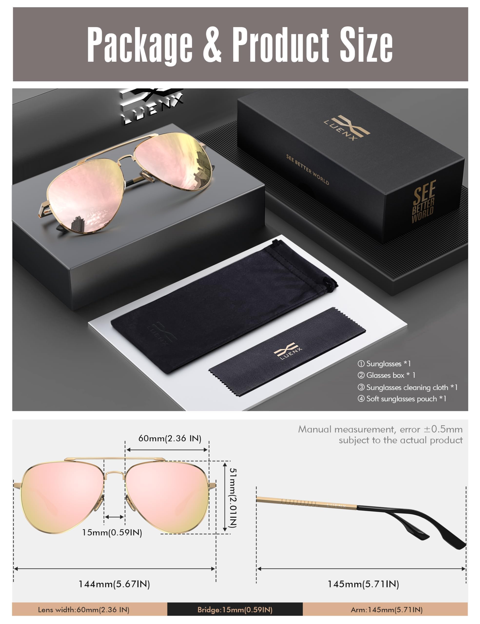 LUENX Aviator Sunglasses Polarized for Women Mirror Pink Lens Metal Gold Frame with case