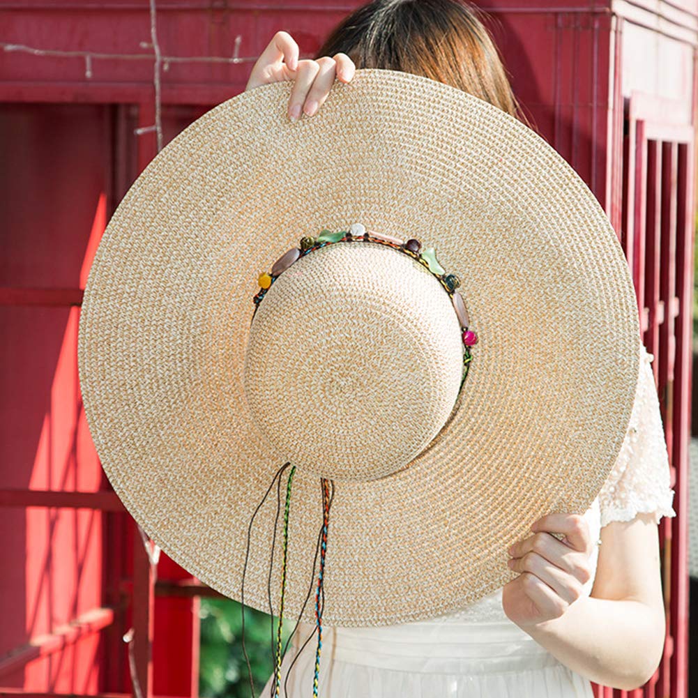 Women's Wide Brim Sun Protection Straw Hat,Folable Floppy Hat,Summer UV Protection Beach Cap (Chain-Beige)