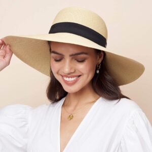 Pineapple&Star Jeune Wide Brim Sun Straw Beach Hat Fine Braid UPF50+ for Women (Small, Beige)