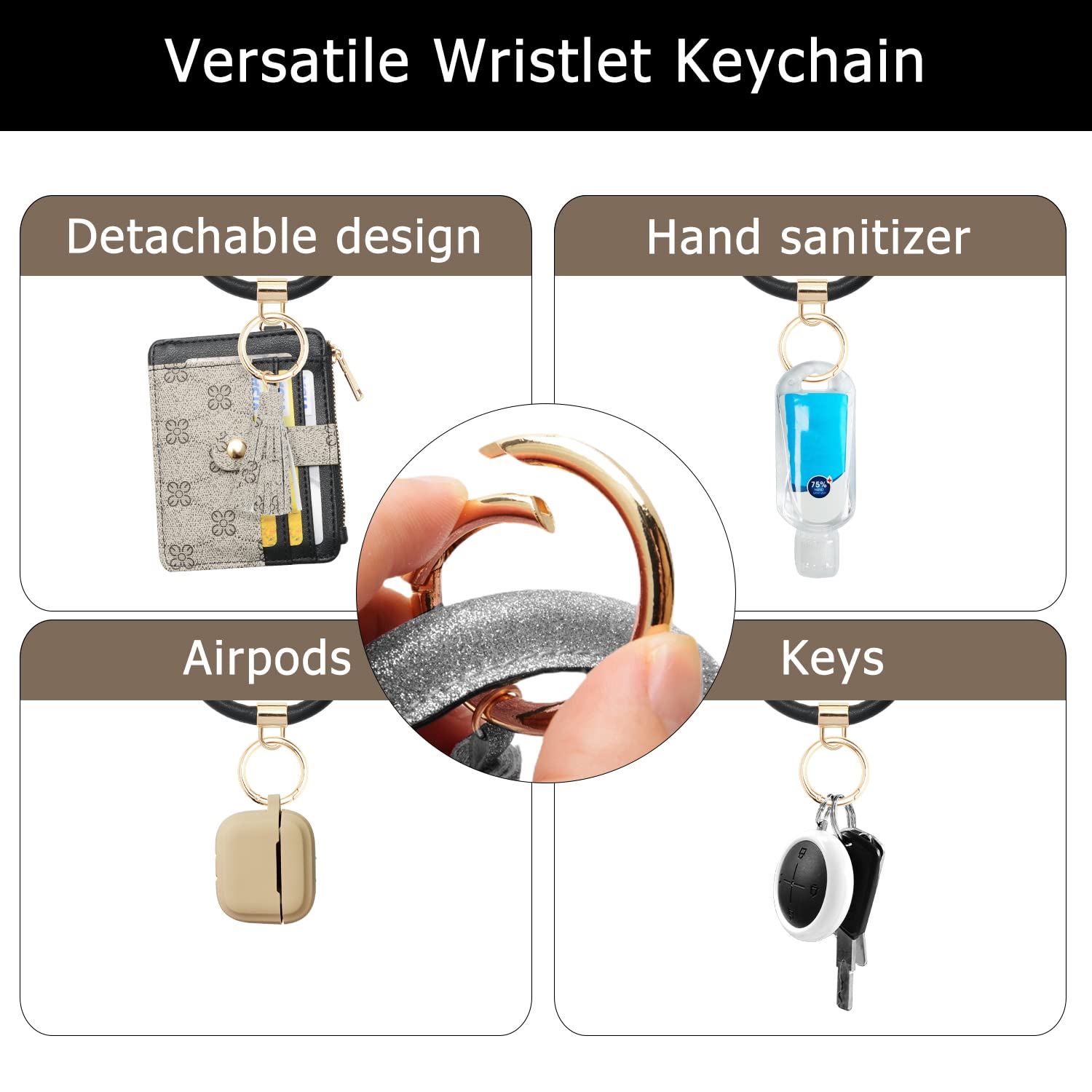 COOLANS Wristlet Bracelet Keychain Pocket Credit Card Holder Purse Tassel Keychain Bangle Key Ring for Women (Silicone Bead Bracelet+Card Purse (Grey))