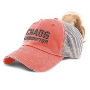 womens ponytail cap chaos coordinator grey embroidery cotton distressed trucker hats strap closure coral design only