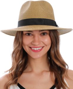 simplicity beach hats for women fedora hats women sun hat men straw hat with chin strap cute panama sun hat,light brown/black thread belt