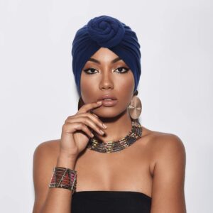 6 Pieces Women African Turban Flower Knot Pre-Tied Bonnet Beanie Cap Headwrap (Black, Royal-blue, Rosy, Camel, Navy, Yellow)