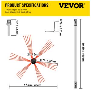 VEVOR Chimney Sweep Kit 33FT Length, Chimney Brush Kit with 10 Nylon Flexible Rods and 2 Brush Head, Rotary Chimney Cleaning Kit Driven by Drill, Chimney Brush Rod Kit for Cleaning Fireplace