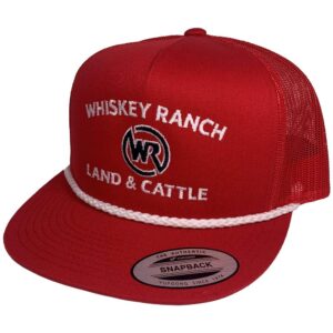 whiskey bent hat co. whiskey ranch land & cattle, mesh snapback trucker hats w/rope (us, alpha, one size, red embroidered)