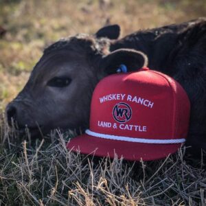 WHISKEY BENT HAT CO. Whiskey Ranch Land & Cattle, Mesh Snapback Trucker Hats w/Rope (US, Alpha, One Size, Red Embroidered)