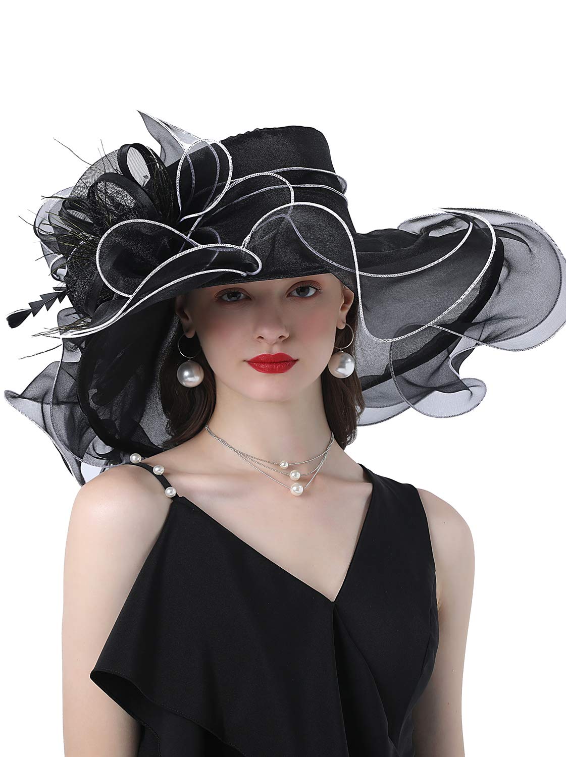 ORIDOOR Women Hats Headband Hairpin Organza Fascinator Church Hat Floral Tea Party Wedding Hat (013E Black) One Size …