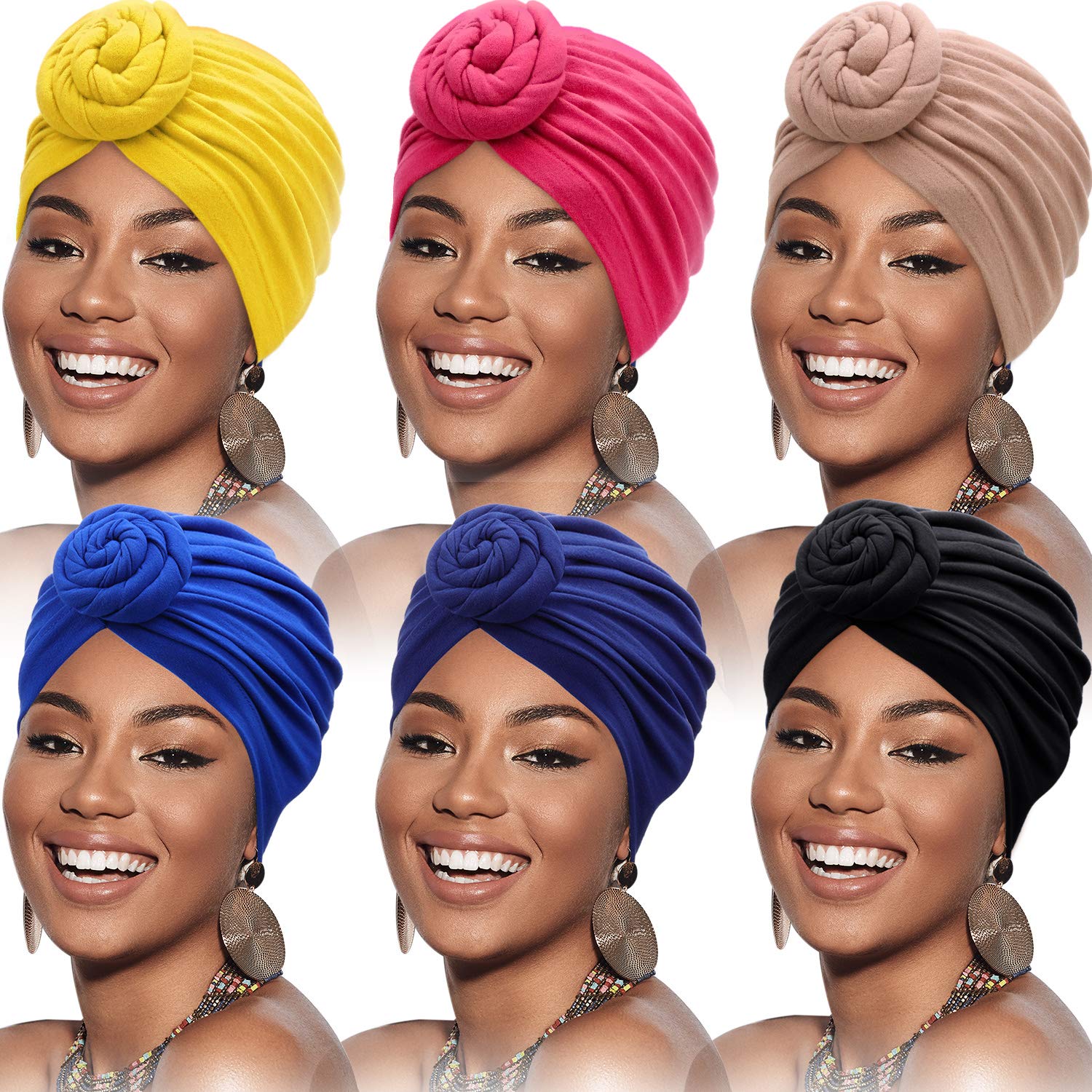 6 Pieces Women African Turban Flower Knot Pre-Tied Bonnet Beanie Cap Headwrap (Black, Royal-blue, Rosy, Camel, Navy, Yellow)