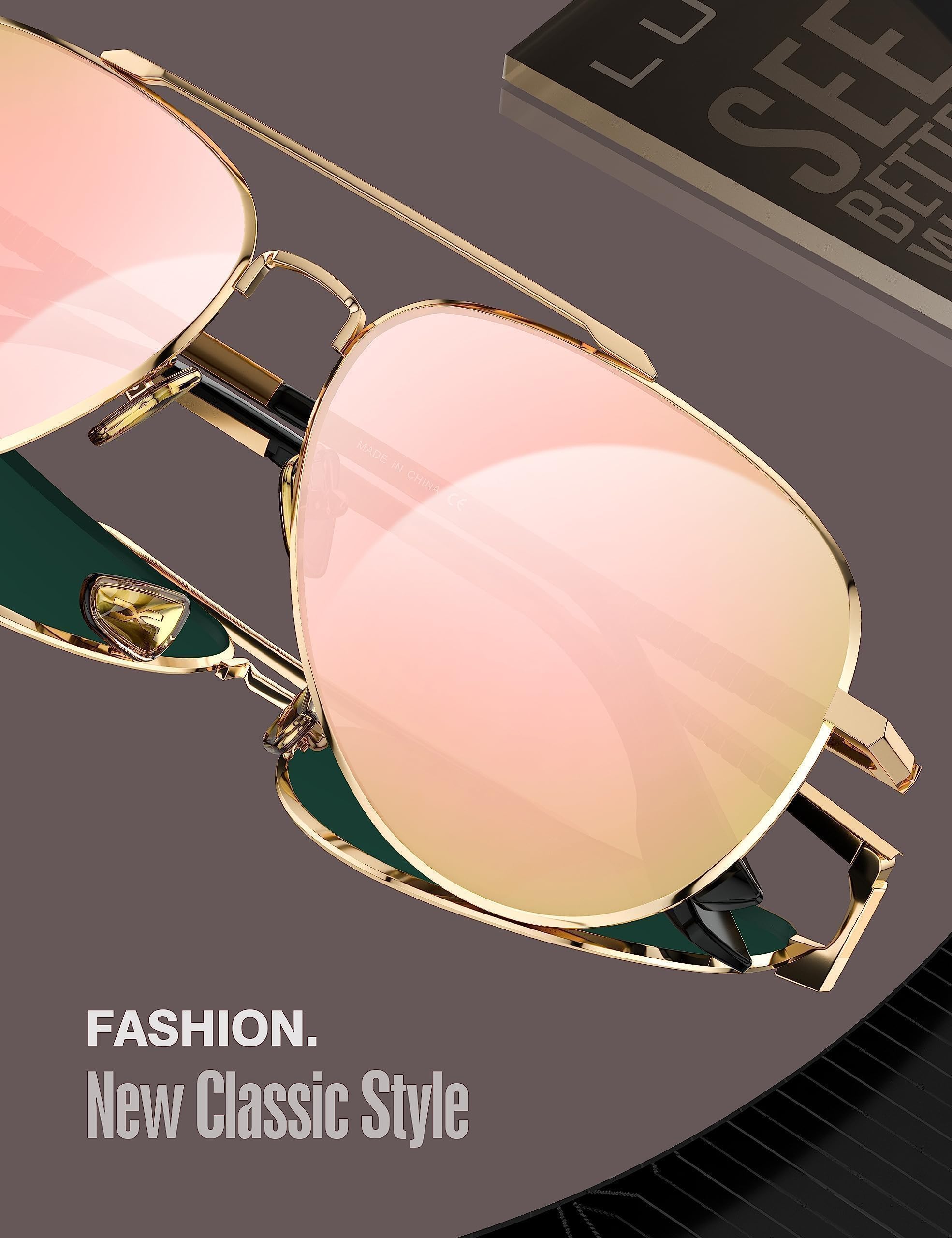 LUENX Aviator Sunglasses Polarized for Women Mirror Pink Lens Metal Gold Frame with case