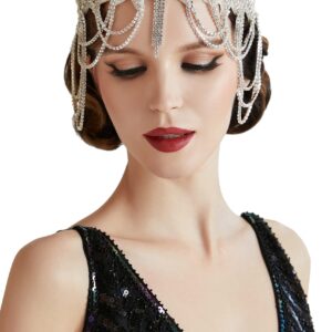 BABEYOND 1920s Flapper Headpiece Roaring 20s Headband Great Gatsby Headband Chain for Women Vintage Hair Accessory (White)