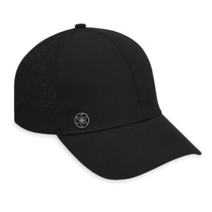 gaiam women's baseball cap - classic womens ball cap with breathable sol design to keep cool in summer, cute baseball caps for women with ponytail holder & premade bill for built-in spf, black