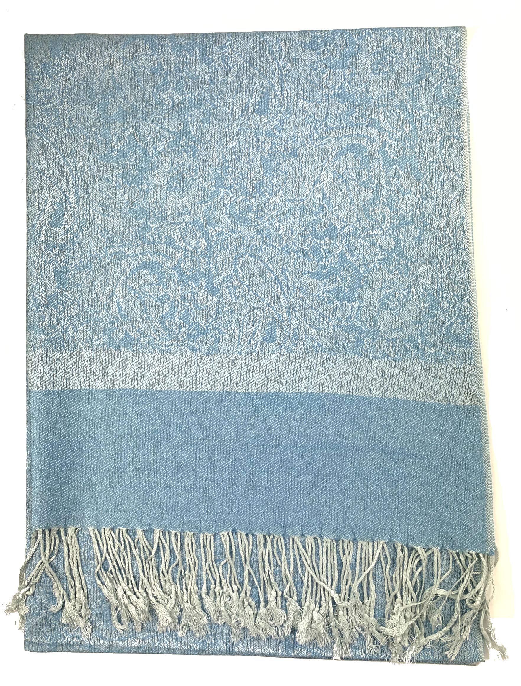 Plum Feathers Two Tone Vintage Paisley Pattern Pashmina Scarf (Baby Blue Silver Paisley)