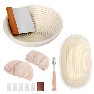 bread proofing basket set 9.6 inch oval and 10 inch round natural rattan proofing baskets with bread lame and dough scraper and linen liner bread making tools for professional and home bakers