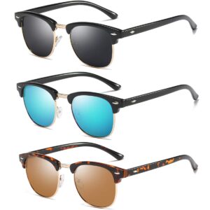 hilbalm 3 pack polarized sunglasses for women men uv400 glasses (black frame-gray lens/black frame-blue lens/leopard frame-brown lens)