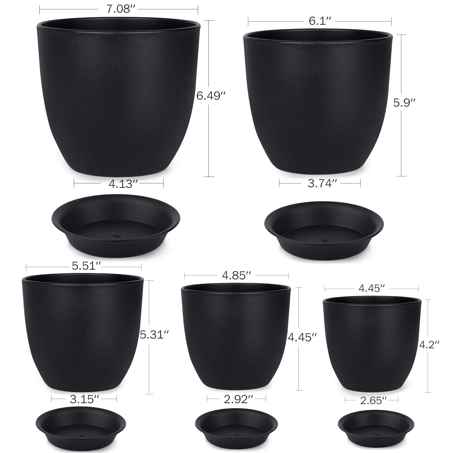 homenote Plastic Planter 7/6/5.5/4.8/4.5 Inch Flower Pot Indoor Modern Decorative Plastic Pots for Plants with Drainage Hole and Tray for All House Plants, Succulents, Flowers, and Cactus, Black