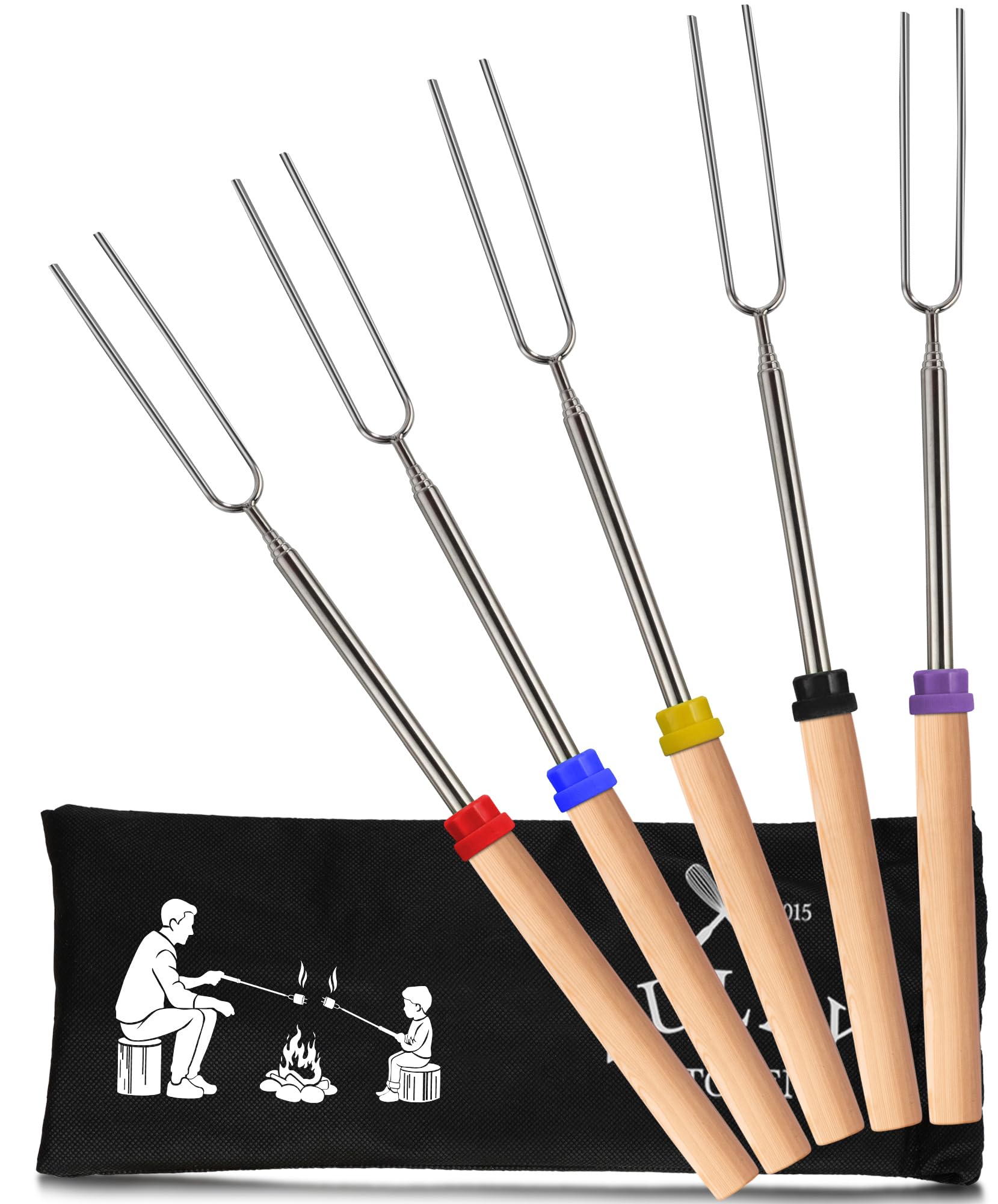 Zulay Sturdy Marshmallow Sticks for Fire Pit Extra Long - Great Smores Sticks Smores Kit for Fire Pit - Marshmallow Roasting Skewers - Hot Dog Fork Bonfire Glamping Camping Accessory 32" 5 Pack Bundle