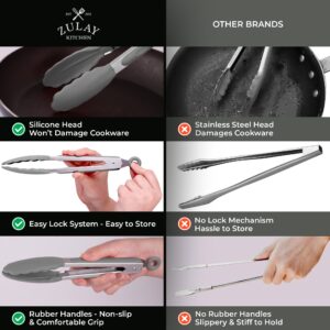 Zulay Kitchen Heat Resistant BBQ Kitchen Tongs Stainless Steel (9" & 12") - 2 Piece Non-Scratch Silicone Tip - Salad Tongs With Strong Grip for Grabbing Food - Easy Pull Lock - Silver/Gray