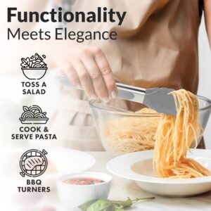 Zulay Kitchen Heat Resistant BBQ Kitchen Tongs Stainless Steel (9" & 12") - 2 Piece Non-Scratch Silicone Tip - Salad Tongs With Strong Grip for Grabbing Food - Easy Pull Lock - Silver/Gray