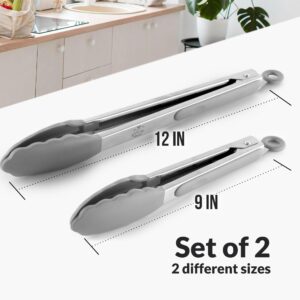 Zulay Kitchen Heat Resistant BBQ Kitchen Tongs Stainless Steel (9" & 12") - 2 Piece Non-Scratch Silicone Tip - Salad Tongs With Strong Grip for Grabbing Food - Easy Pull Lock - Silver/Gray