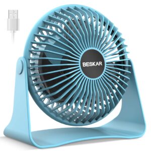 beskar usb small desk fan, portable fans with 3 speeds strong airflow, quiet operation and 360°rotate, personal table fan for home,office, bedroom- 3.9 ft cord/blue