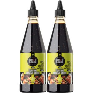 best of thailand sesame teriyaki soy sauce lite | 2 bottles of 23.63oz low-sodium authentic asian-brewed marinade, glaze, salad dressing & dipping sauce, whole sesame seeds | no msg, 85% less sodium