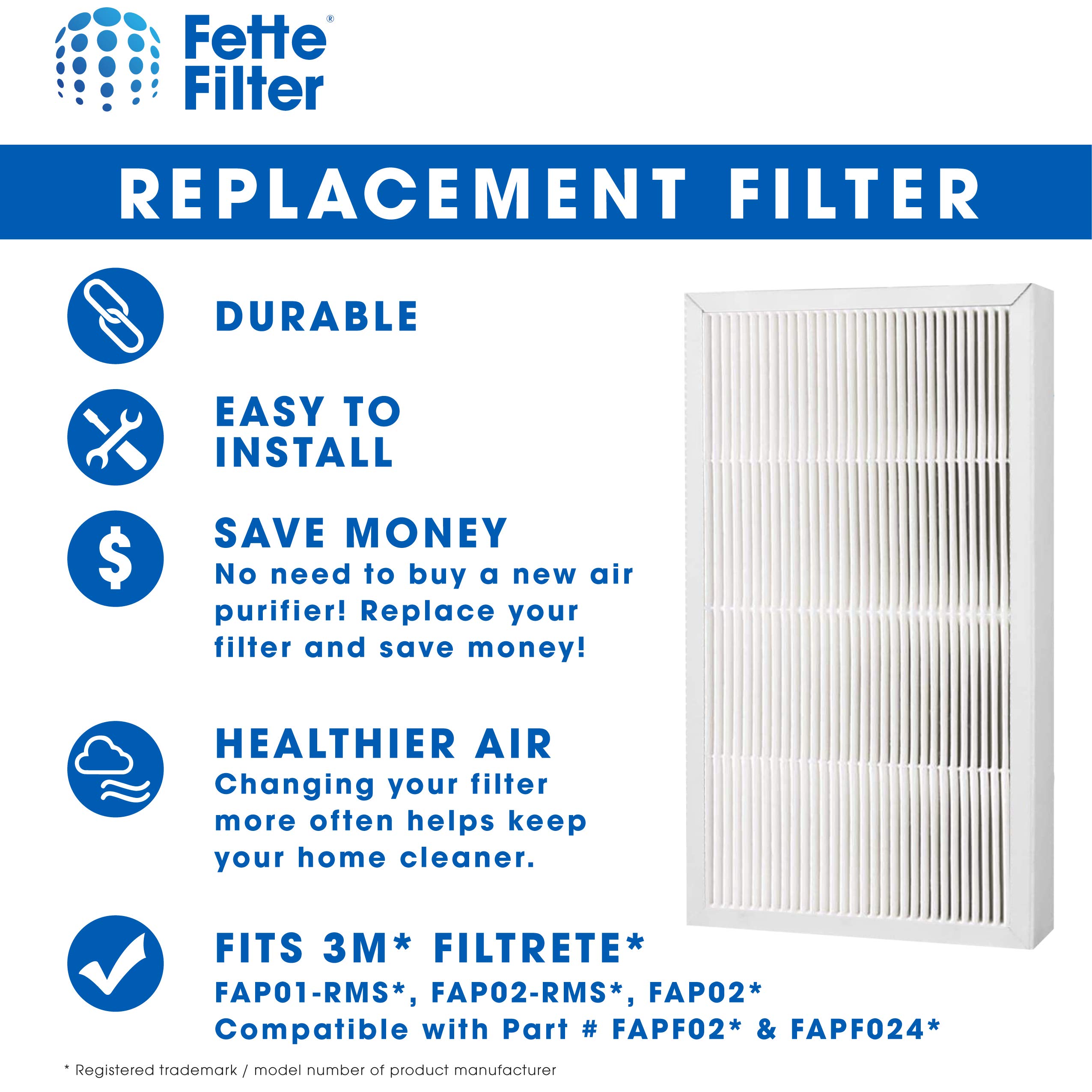 Fette Filter - True HEPA AirPurifier Filter Replacement Filter, 9" x 15" Compatible With 3M Filtrete FAPF02 & FAPF024 for model # FAP01-RMS, FAP02-RMS, FAP02 - Pack of 2