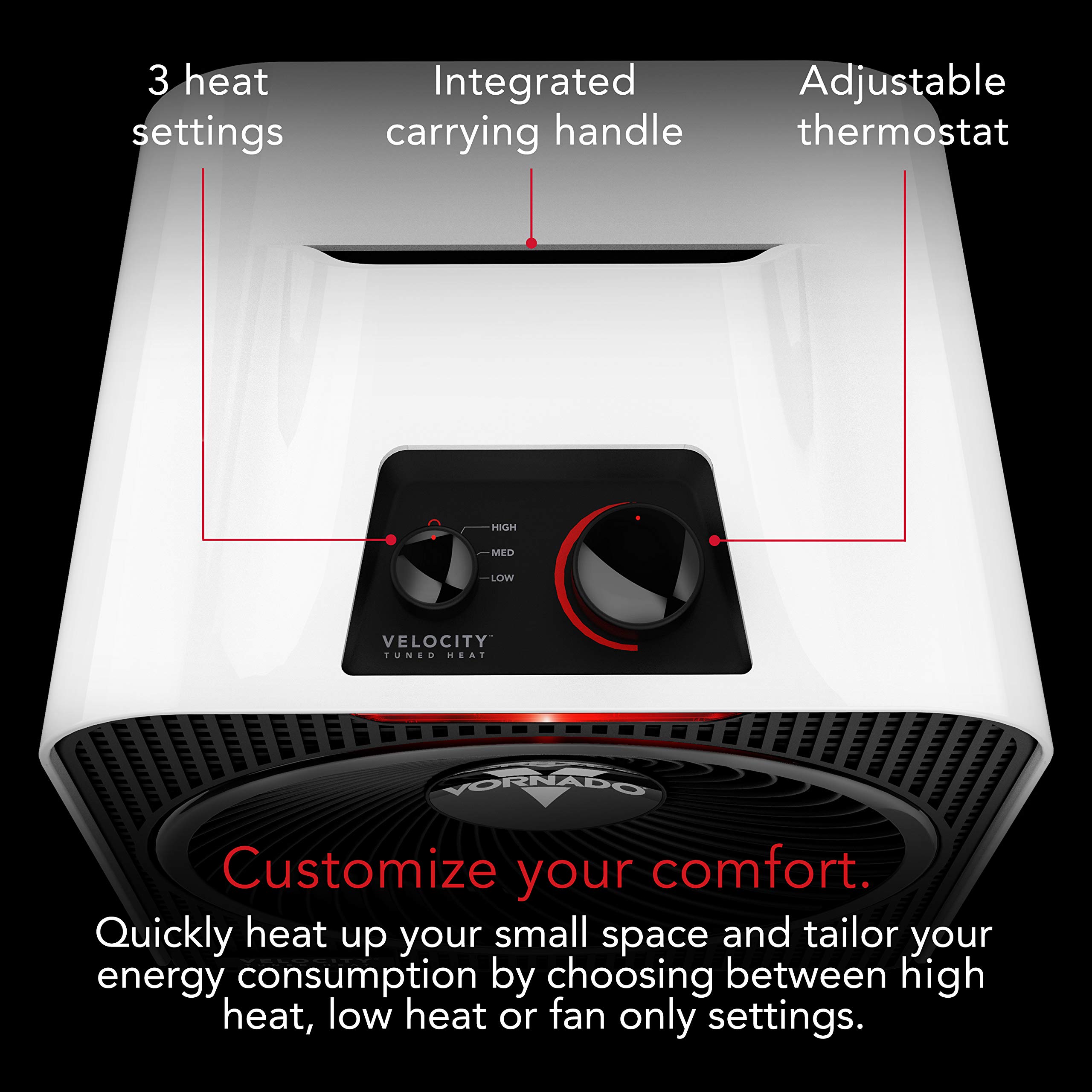 Vornado Velocity 3 Space Heater with 3 Heat Settings, Adjustable Thermostat, and Advanced Safety Features, White, Small