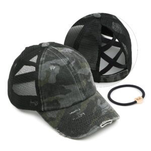 c.c exclusives washed distressed cotton denim criss-cross ponytail hat baseball cap bundle hair tie (bt-783) (a elastic band-black/camo)