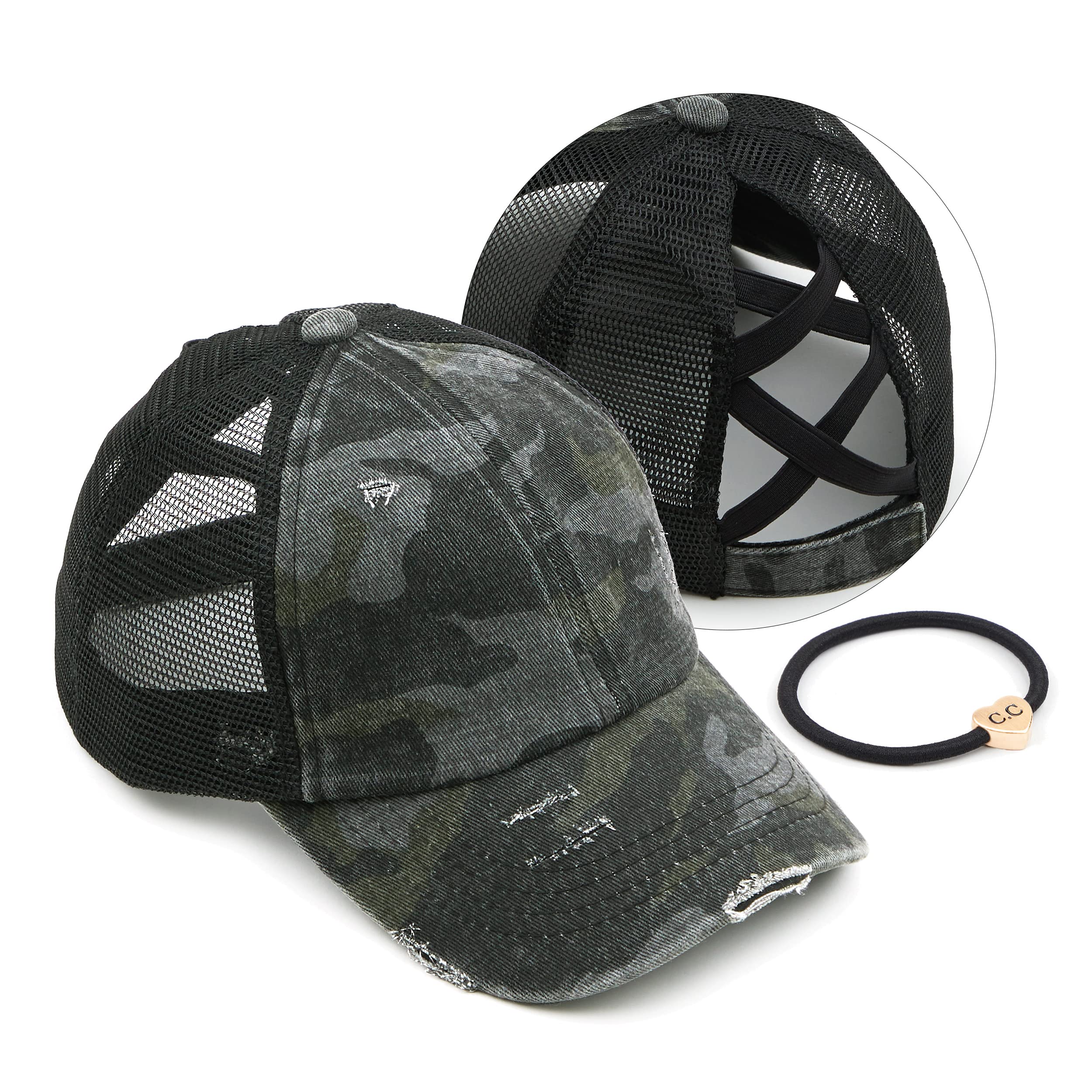 C.C Exclusives Washed Distressed Cotton Denim Criss-Cross Ponytail Hat Baseball Cap Bundle Hair Tie (BT-783) (A Elastic Band-Black/Camo)