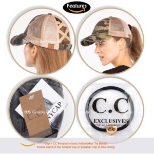 C.C Exclusives Washed Distressed Cotton Denim Criss-Cross Ponytail Hat Baseball Cap Bundle Hair Tie (BT-783) (A Elastic Band-Black/Camo)