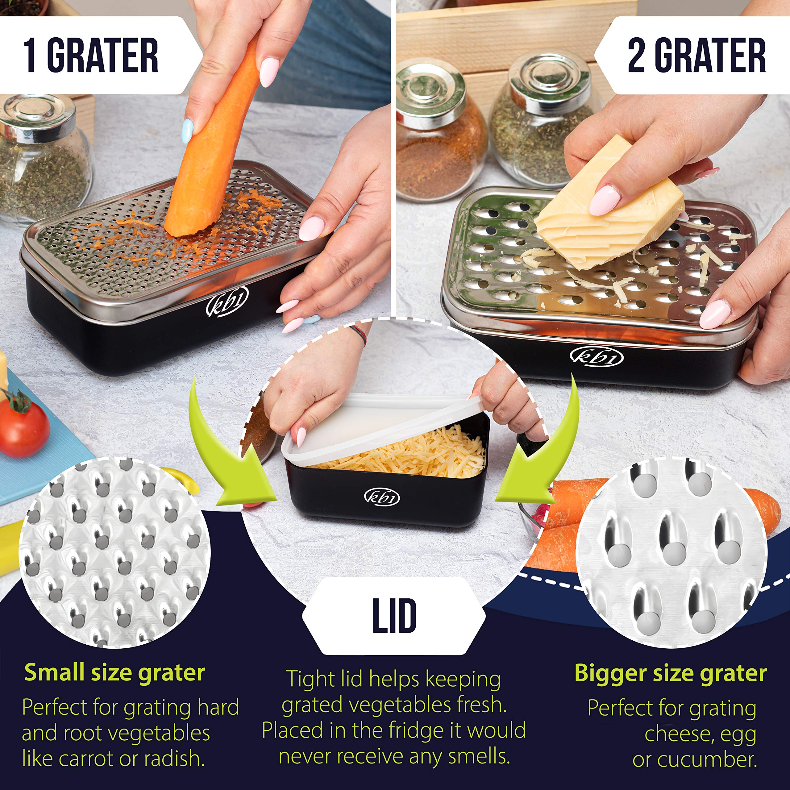 Cheese Grater with Container and Lid & Peeler Set - Vegetable Fruit Multi-Function Stainless Steel Kitchen Utensil Kit with Black Food Plastic Storage Stable Box - Hand Chopper Graters & Peelers