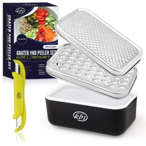 cheese grater with container and lid & peeler set - vegetable fruit multi-function stainless steel kitchen utensil kit with black food plastic storage stable box - hand chopper graters & peelers