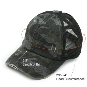 C.C Exclusives Washed Distressed Cotton Denim Criss-Cross Ponytail Hat Baseball Cap Bundle Hair Tie (BT-783) (A Elastic Band-Black/Camo)