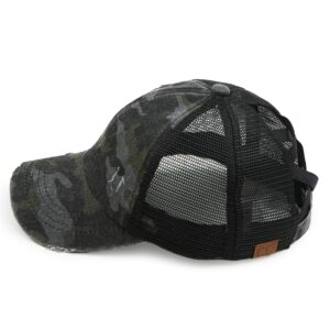 C.C Exclusives Washed Distressed Cotton Denim Criss-Cross Ponytail Hat Baseball Cap Bundle Hair Tie (BT-783) (A Elastic Band-Black/Camo)