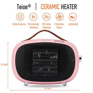 Teioe Mini Electric Ceramic Space Heater 800W/400W, Small, PTC with Tip-Over and Overheat Protection, 3 Operating Modes for Office, Bedroom and Under Desk (PINK)