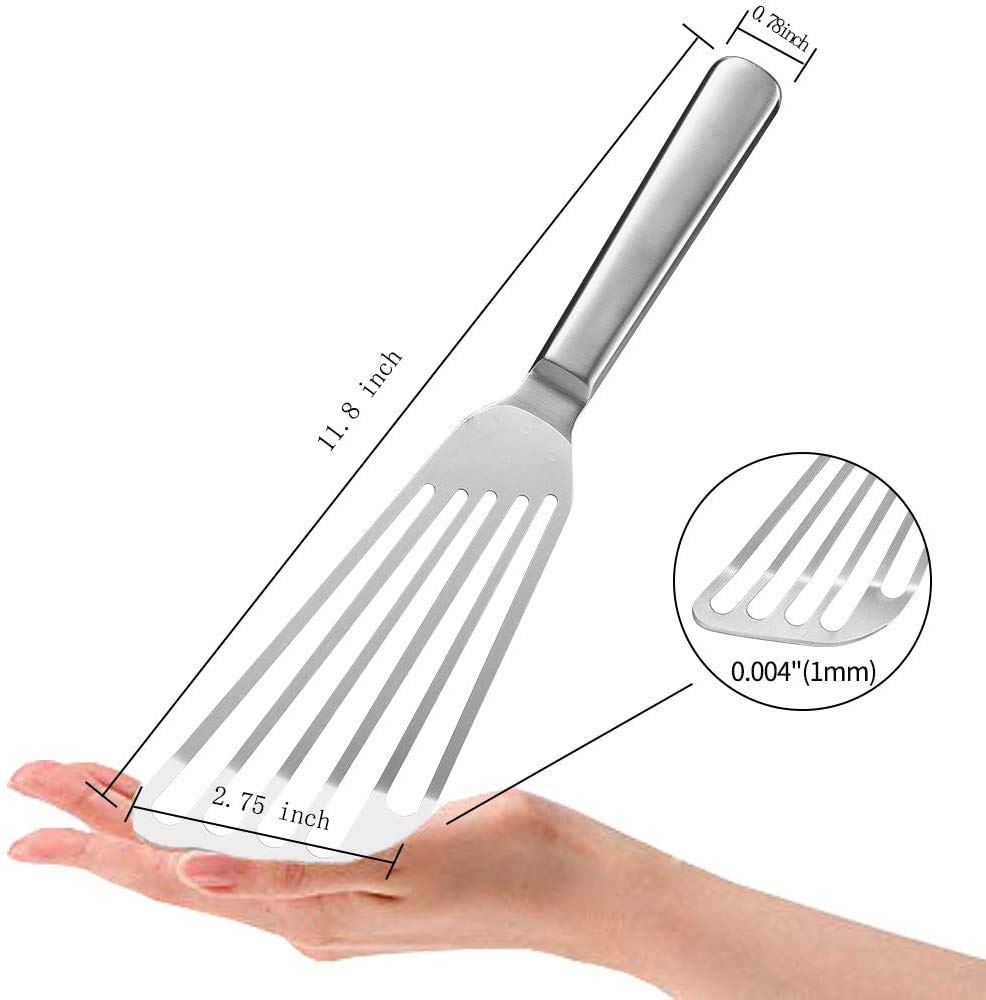 KSENDALO 11.80Inch Stainless Steel Slotted Spatula Turner - Flexible and Angled Flipper for Easy Frying, Serving, and Flipping Eggs, Fish, Pancakes, and Omelettes