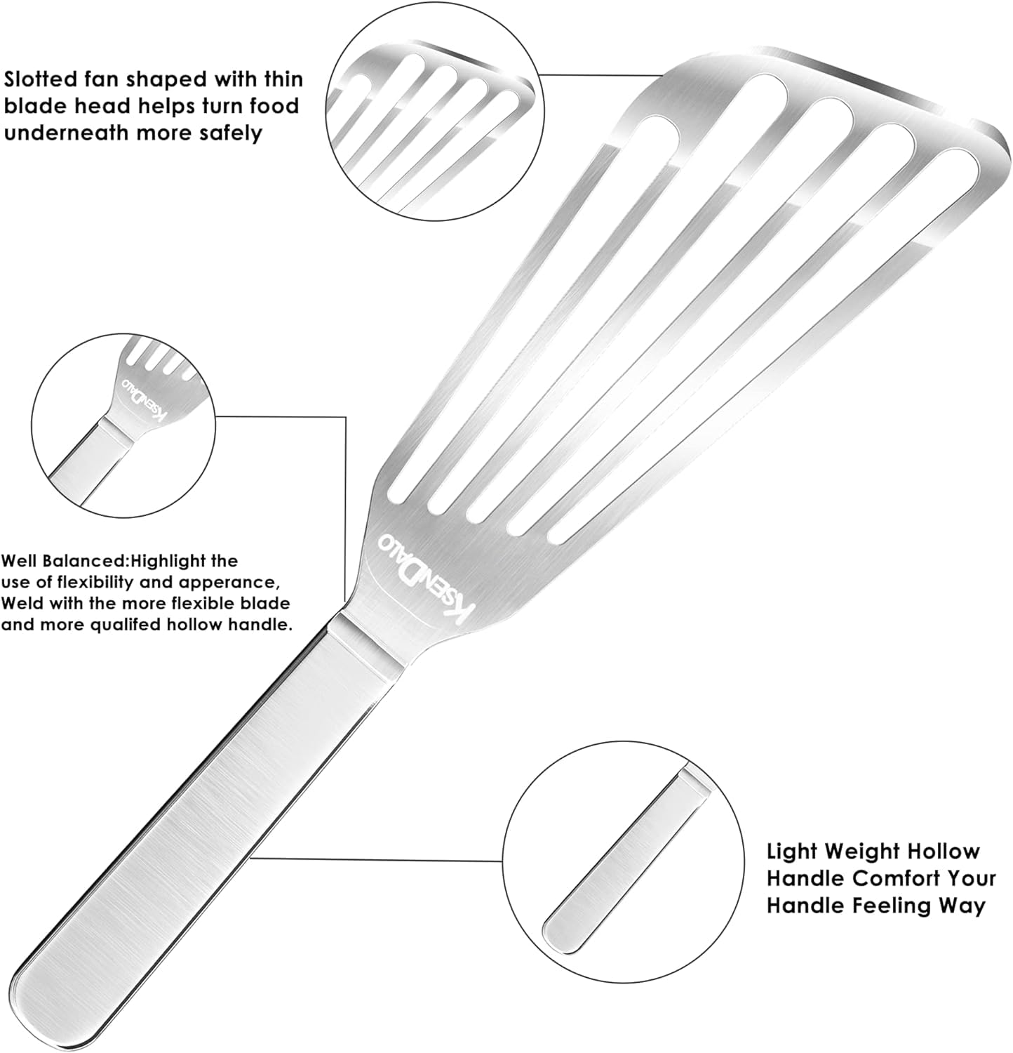 KSENDALO 11.80Inch Stainless Steel Slotted Spatula Turner - Flexible and Angled Flipper for Easy Frying, Serving, and Flipping Eggs, Fish, Pancakes, and Omelettes